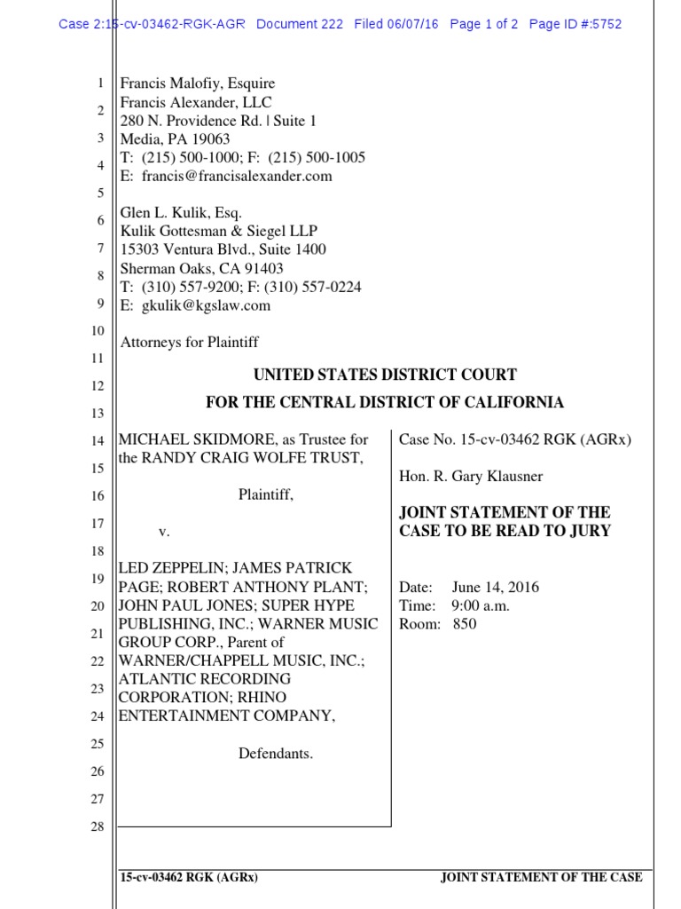 Joint Statement of The Case To Be Read To Jury (Skidmore v. Led ...