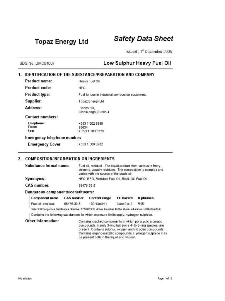Data Sheet - HFO Heavy Fuel Oil | PDF | Toxicity | Fuel Oil