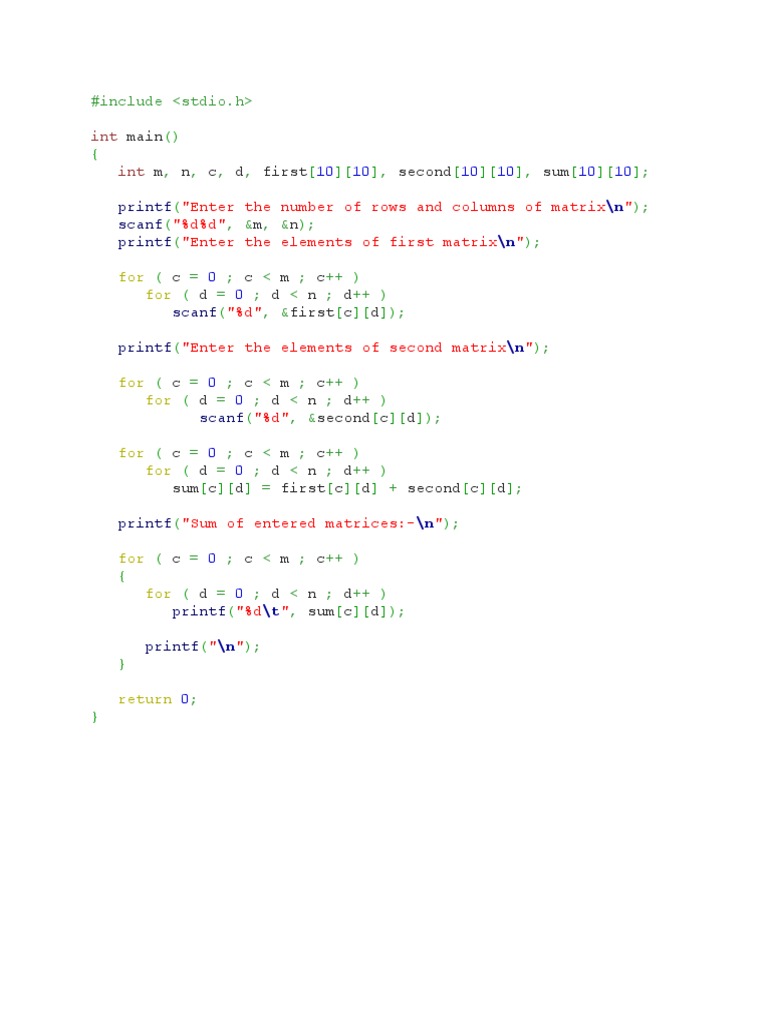 Matrix Addition in C Programming | PDF | Computers | Technology ...
