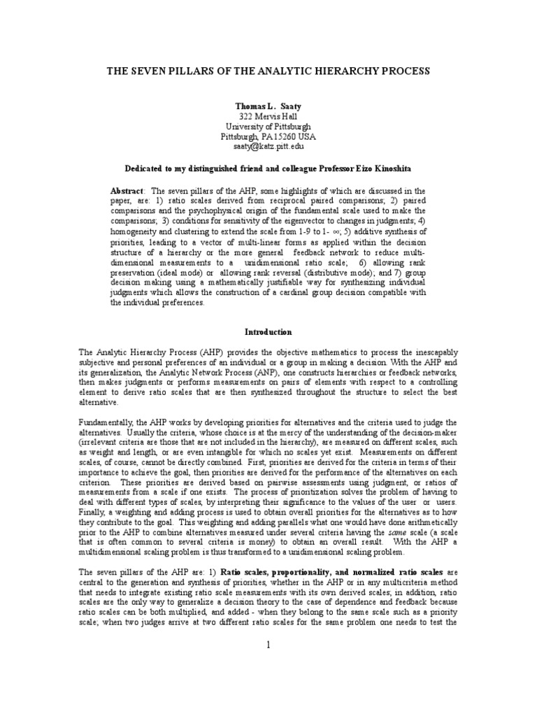 The Seven Pillars of The Analytic Hierarchy Process: Thomas L. Saaty | PDF | Eigenvalues And ...