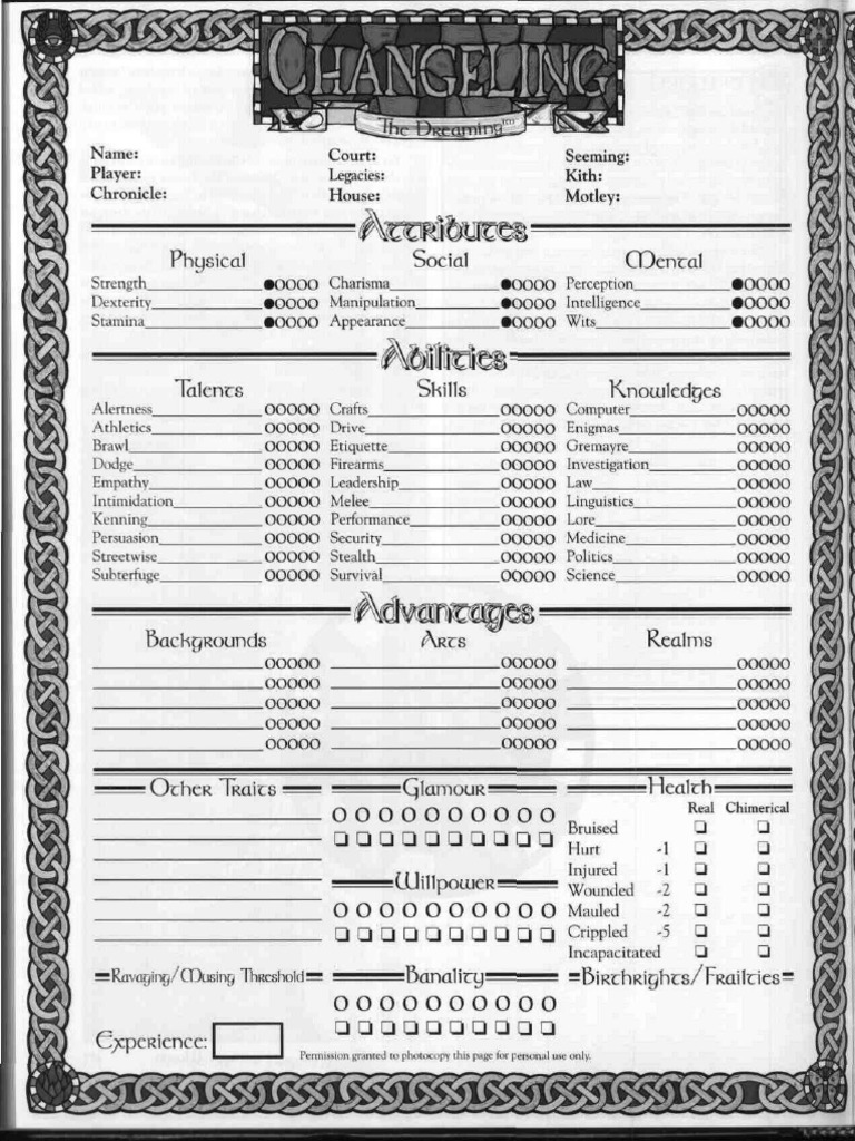 Changeling The Lost Character Sheet Pdf Form Fillable - Printable Forms ...
