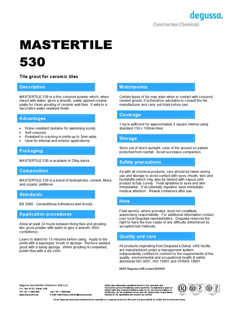 MASTERTILE 530: Water-Resistant Grout | PDF | Tile | Adhesive