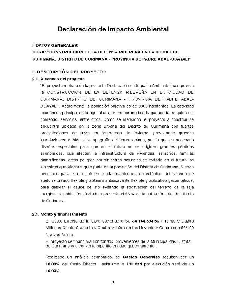 Declaración de Impacto Ambiental Defensa Ribereña Curimana | PDF | La ...