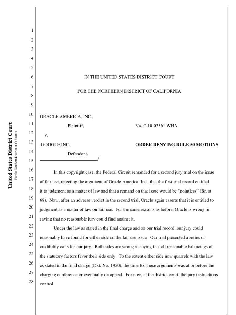 Order Denying Rule 50 Motions | PDF | Java (Programming Language ...