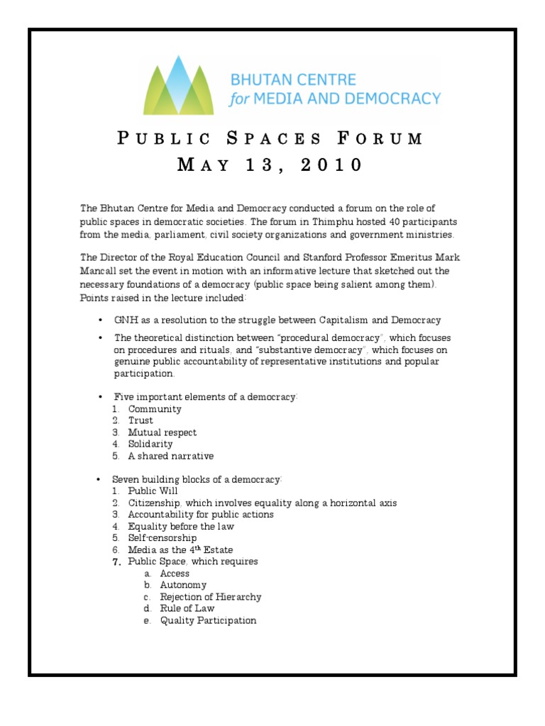 Public Spaces Forum-Final Report | PDF | Democracy | Political Ideologies