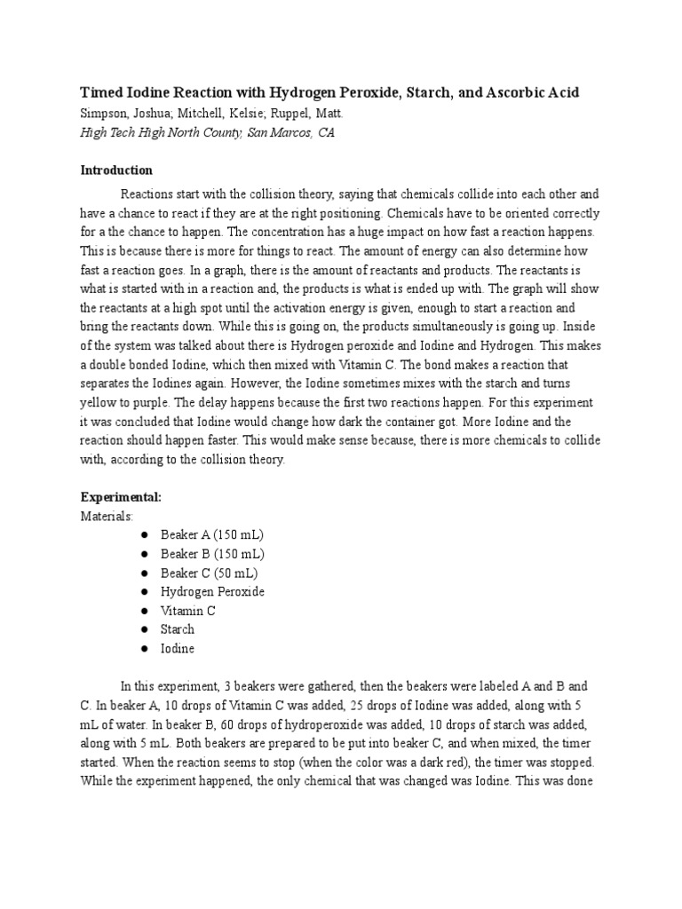 Lab Report Iodine Time Clock | PDF | Vitamin C | Chemical Reactions