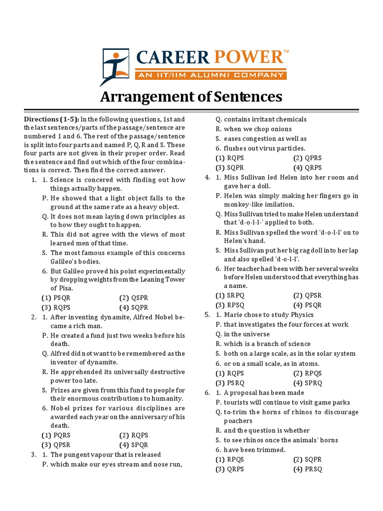 Sentence Arrangement Practice Questions | PDF | Question | Nature