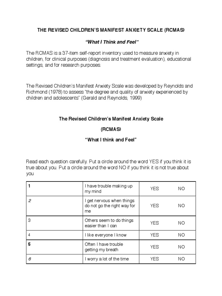 The Revised Children'S Manifest Anxiety Scale (Rcmas) : "What I Think ...