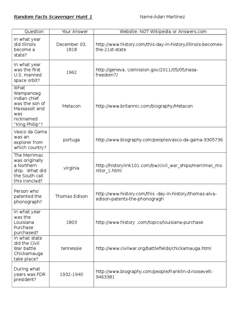 Random Facts Scavenger Hunt Answers | PDF | Travel