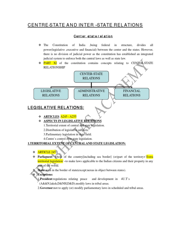 An In-Depth Analysis of Centre-State Relations in India: Legislative ...