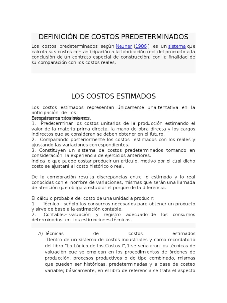 Definición de Costos Predeterminados | Costo | Contabilidad