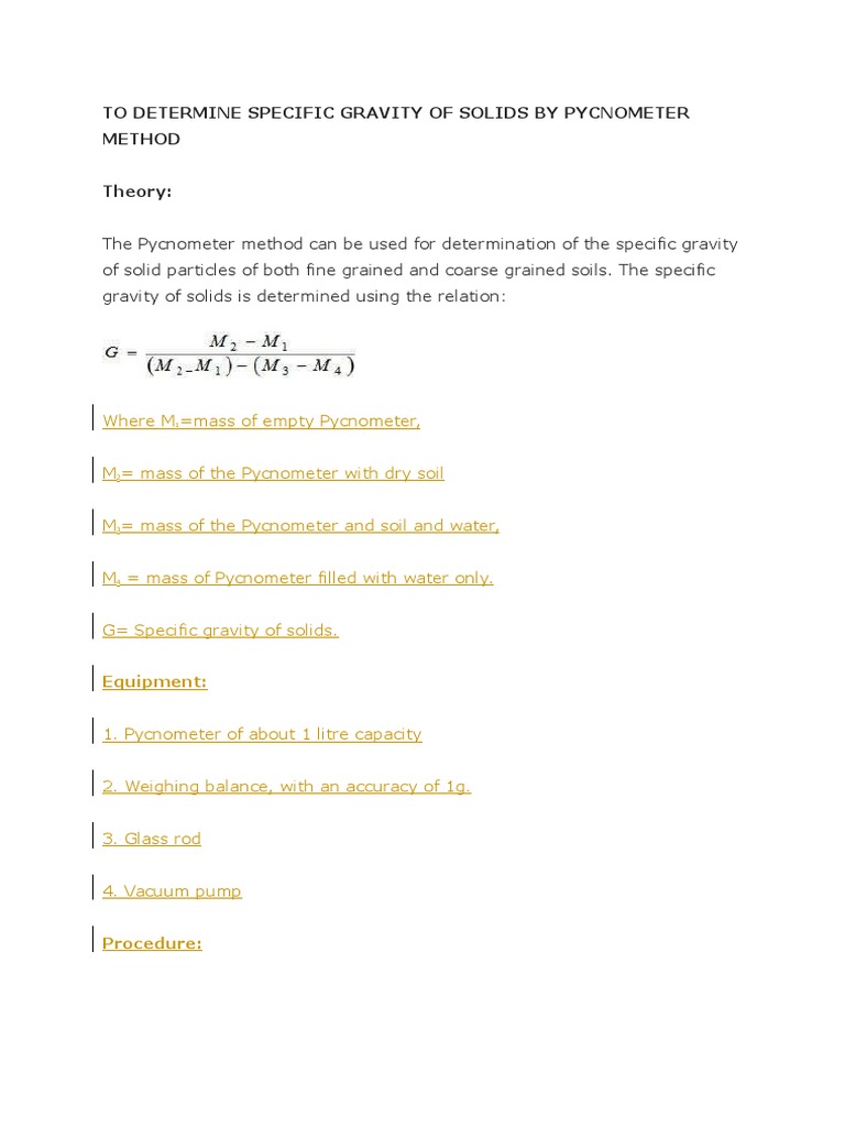 To Determine Specific Gravity of Solids by Pycnometer Method | PDF | Soil | Mass