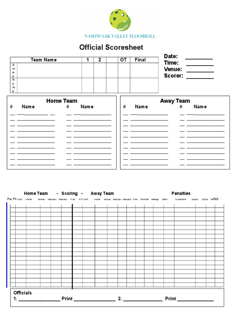 Nashwaak Valley Floorball Official Scoresheet | PDF