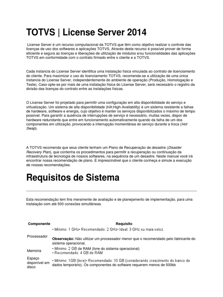 TOTVS-License Server2014 PDF | PDF | Internet | Software de sistema