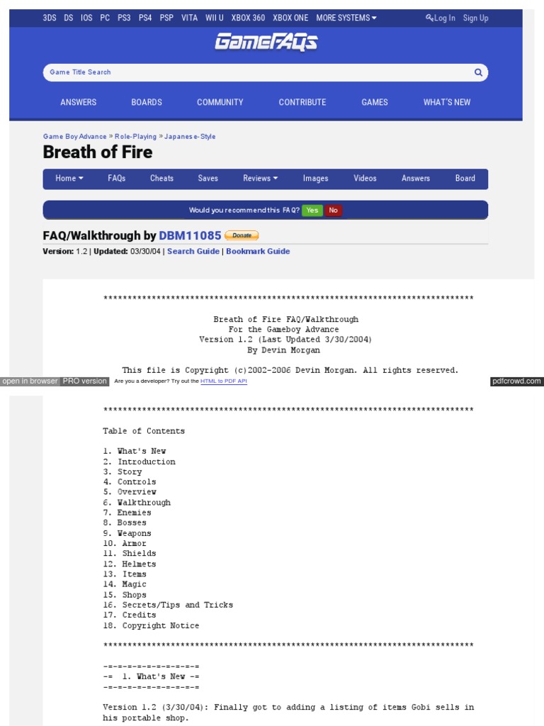 WWW Gamefaqs Com Gba 472722 Breath of Fire Faqs 15888 | PDF | Leisure ...