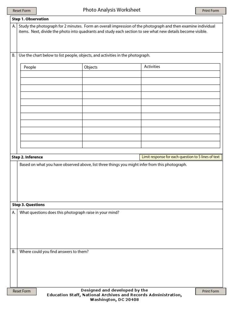 Photo Analysis Worksheet: Step 1. Observation | PDF