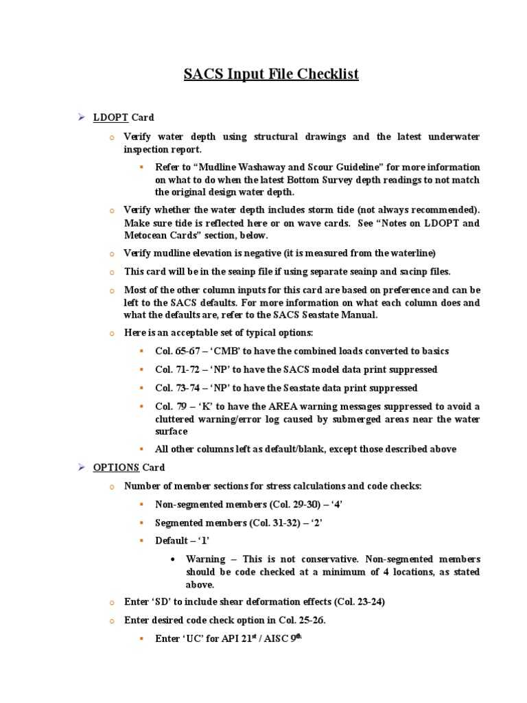 SACS Input File Checklist Guide | PDF | Buoyancy | Density