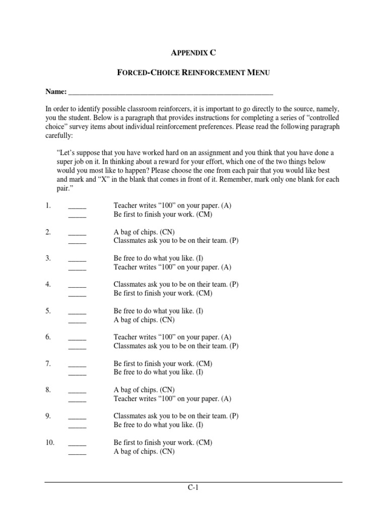Forced Choice Reinforcement Menu | PDF | Teaching | Behavioural Sciences