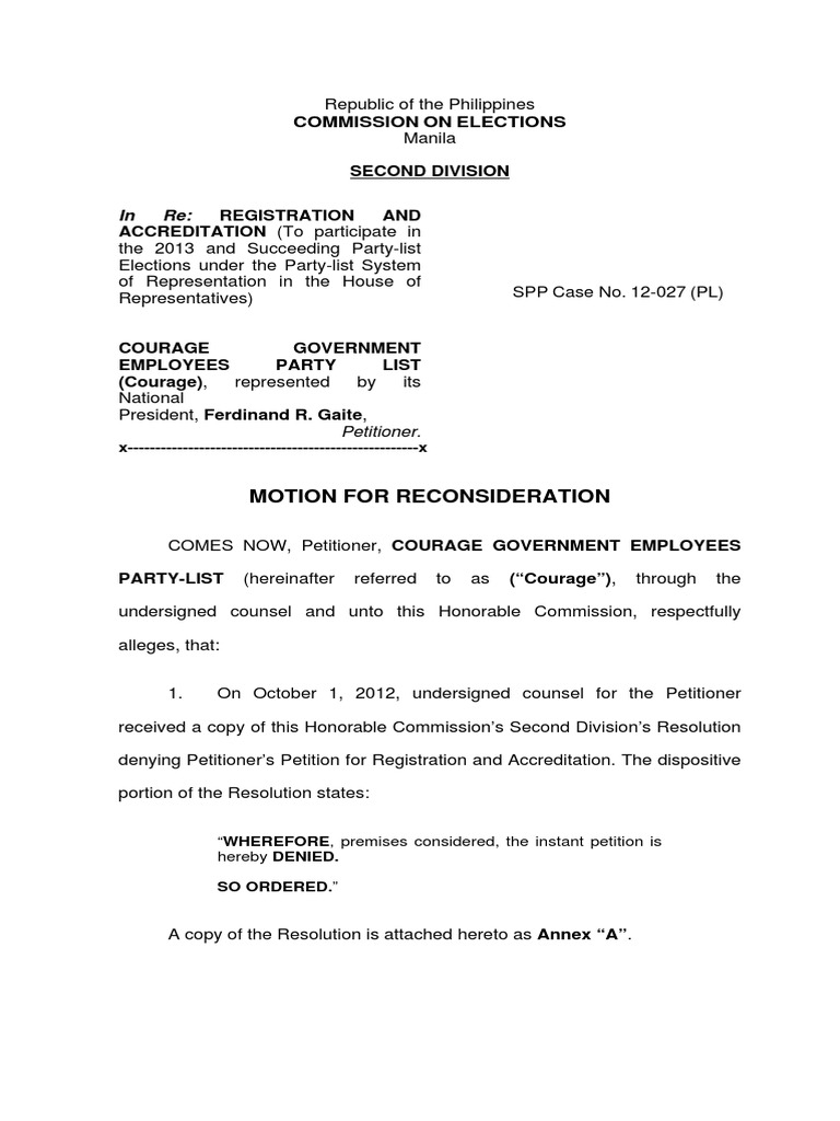 Motion-For-reconsideration Courage 100112 Final | PDF | Employment | Labour Economics