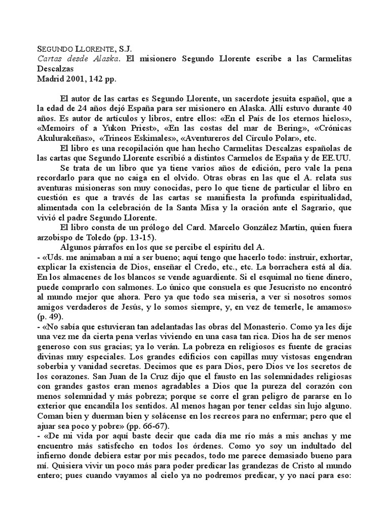 Cartas de Segundo Llorente en Alaska | PDF | Juan de la cruz | Purgatorio