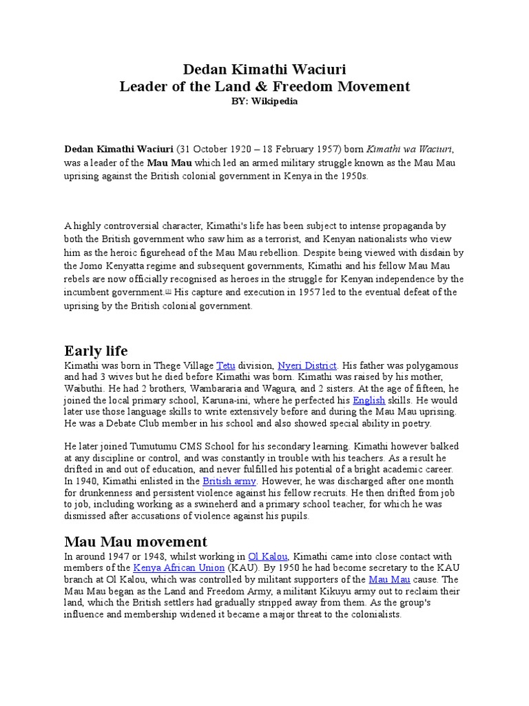 Mau Mau Leader Dedan Kimathi | PDF | Kenya | Violence