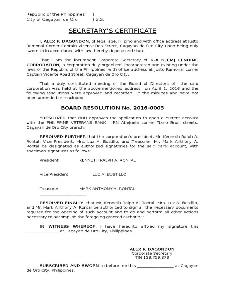 Secretary's Certificate for Bank Account Opening | PDF