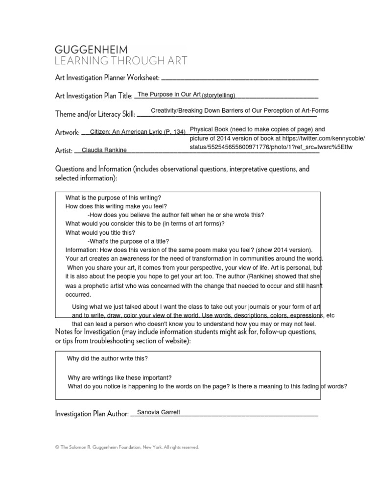 Art Investigation Worksheetsanoviagarrett | PDF | Career & Growth ...