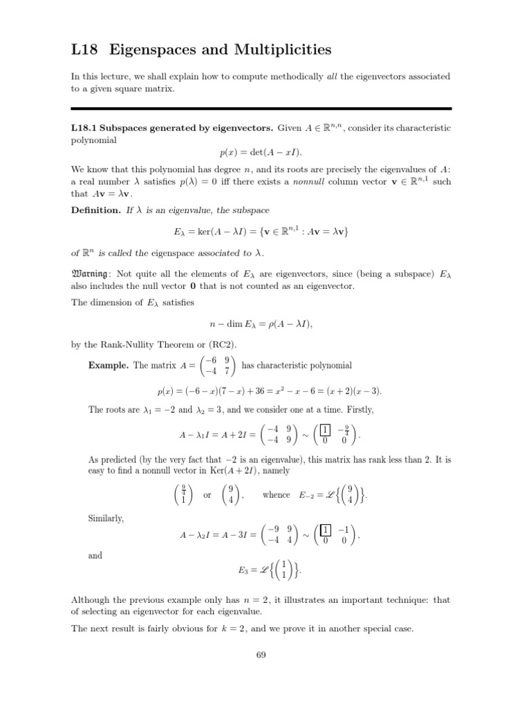 L18 Eigenspaces and Multiplicities | PDF | Eigenvalues And Eigenvectors | Matrix (Mathematics)
