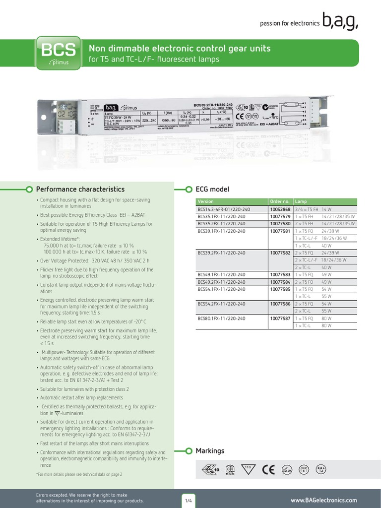 Bag Bcs Primus t5 Data Sheet | PDF | Electrical Equipment | Power (Physics)