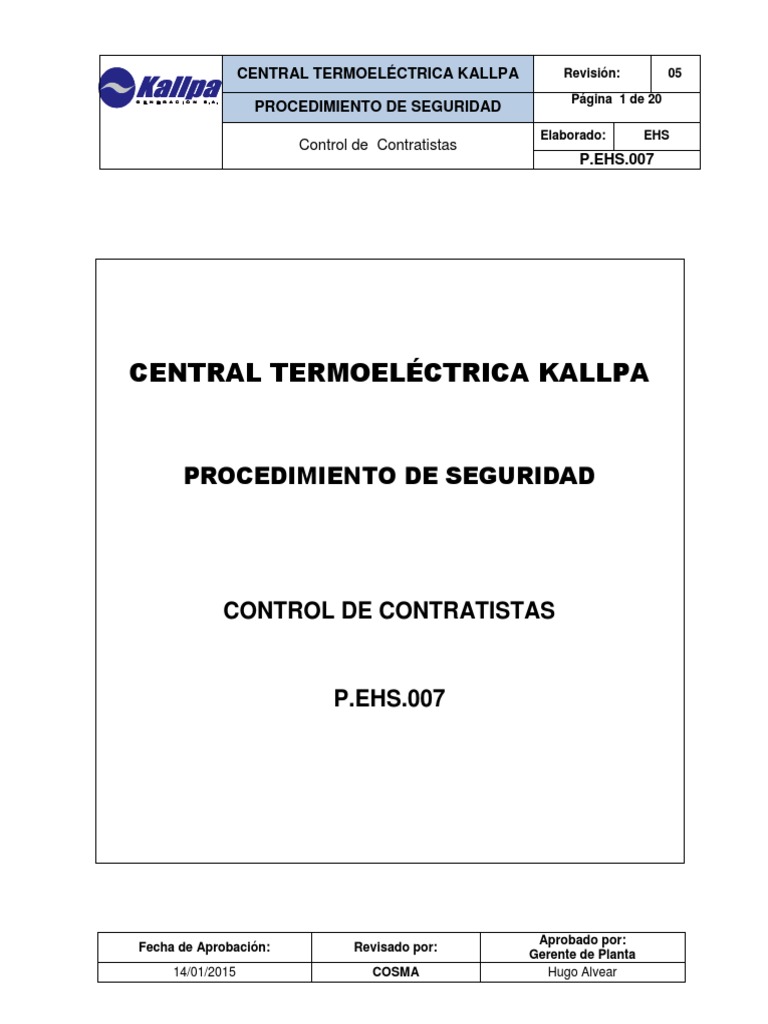 P EHS 007 Procedimiento de Control de Contratista Rev.05 PDF | PDF | Seguro | Licencia de conducir
