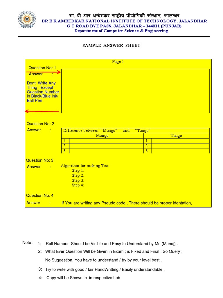 Sample Exam Answer Sheet Format | PDF