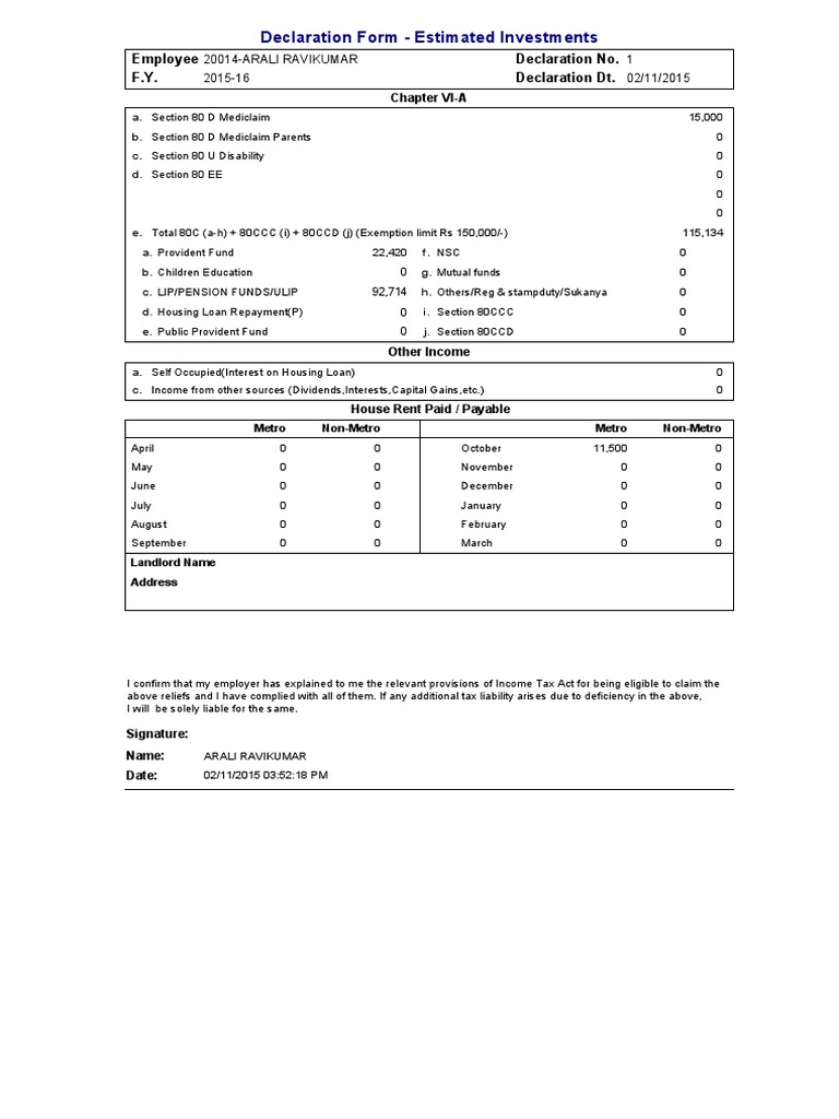Declaration Form - Estimated Investments: Declaration Dt. F.Y ...
