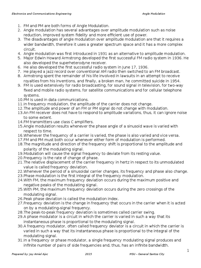 Angle Modulation Notes Pdf Frequency Modulation Modulation