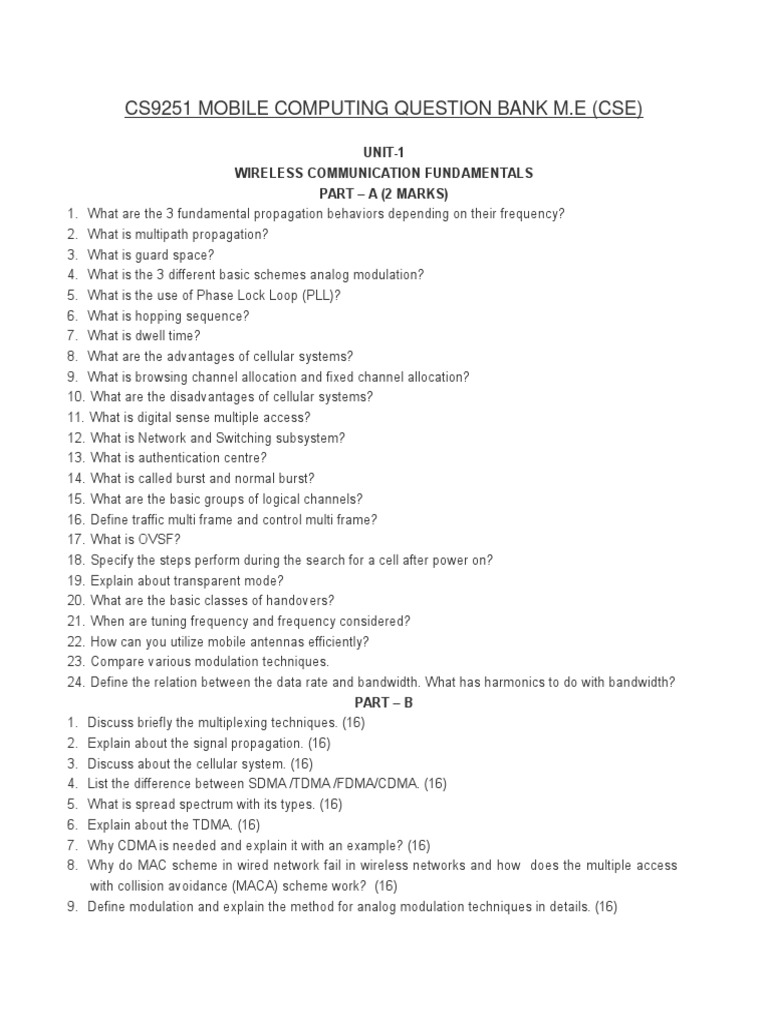 Cs9251 Mobile Computing Question Bank | PDF | Internet Protocols | Computer Network