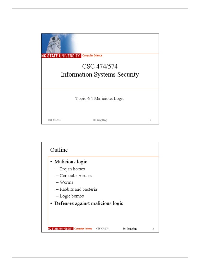 CSC 474/574 Information Systems Security: Outline | PDF | Computer Virus | Malware