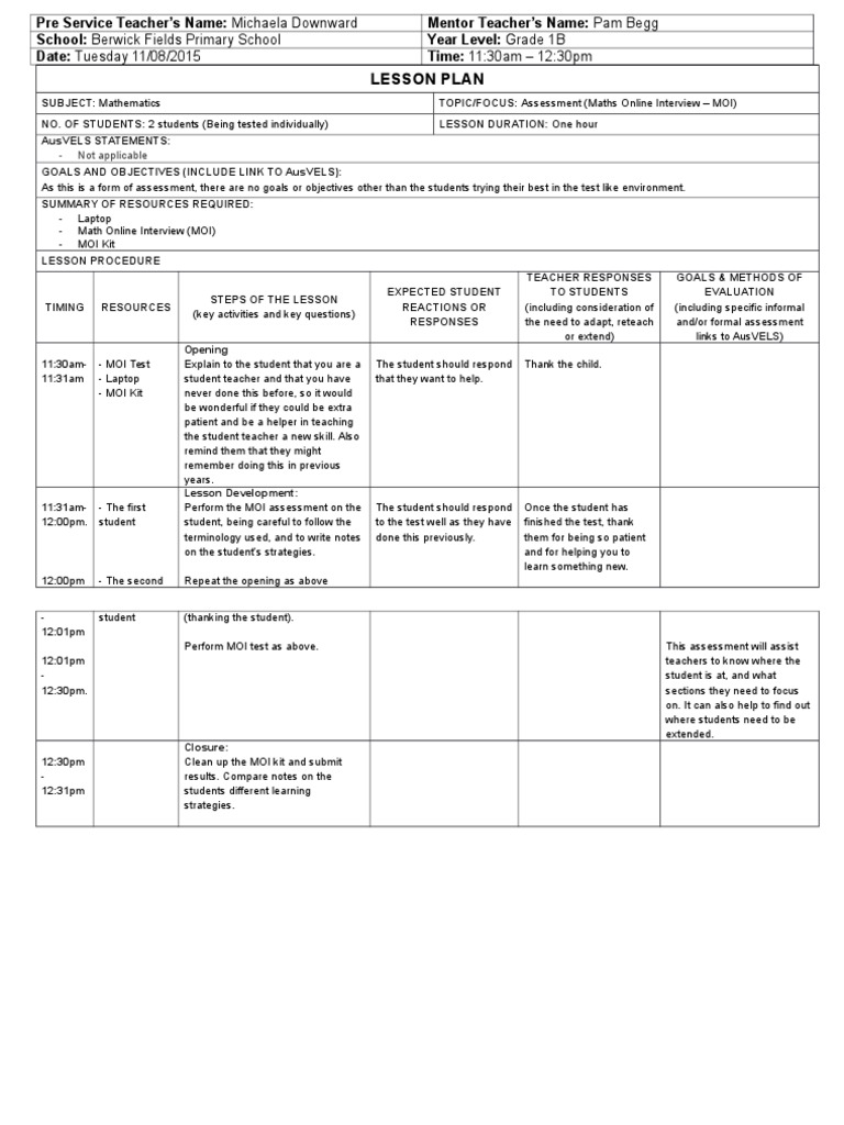 Lesson Plan For Moi Assessments | PDF | Educational Assessment | Lesson ...