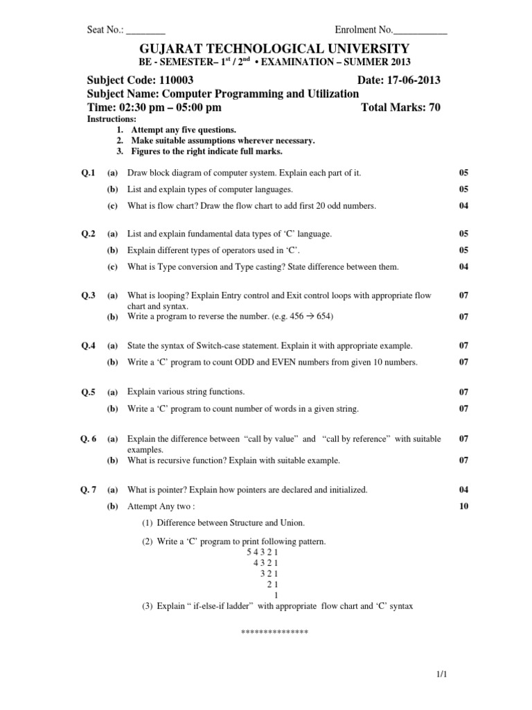 Computer Programming Exam Paper 2013 | PDF | Teaching Methods & Materials