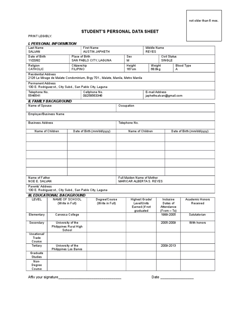 STUDENT - S Personal Data Sheet | PDF