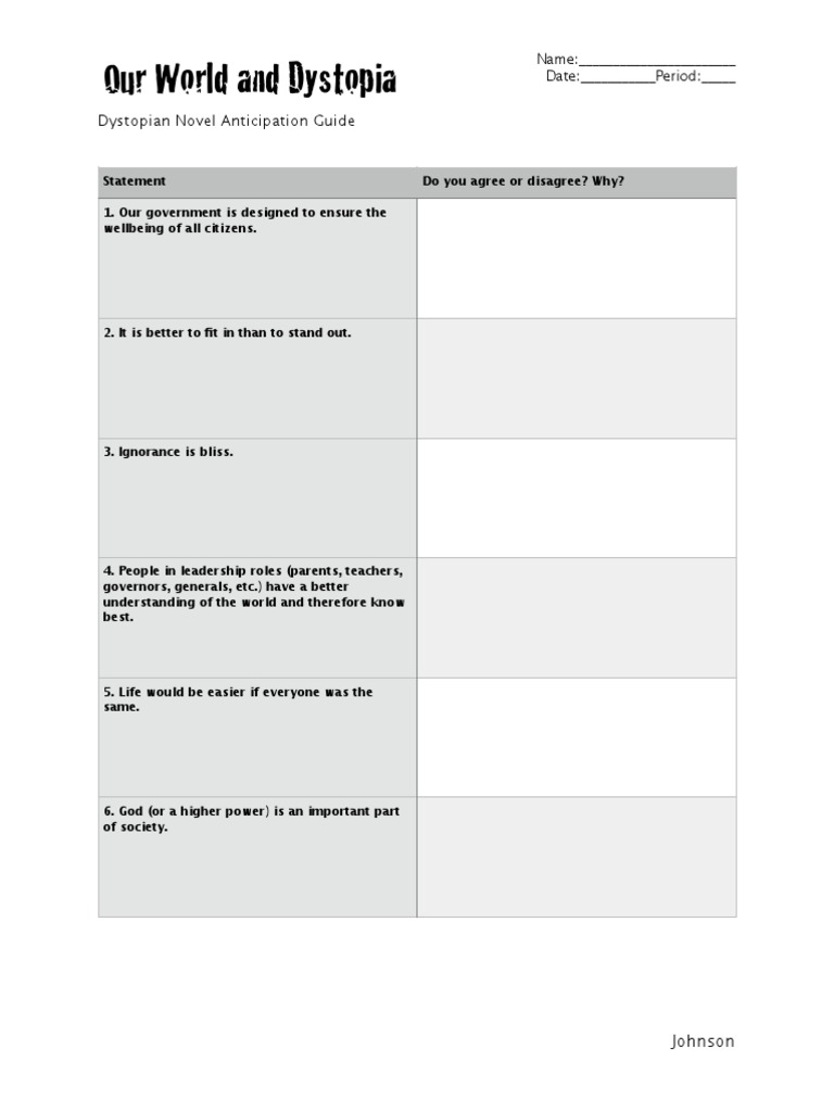 Dystopian Novel Anticipation Guide | PDF