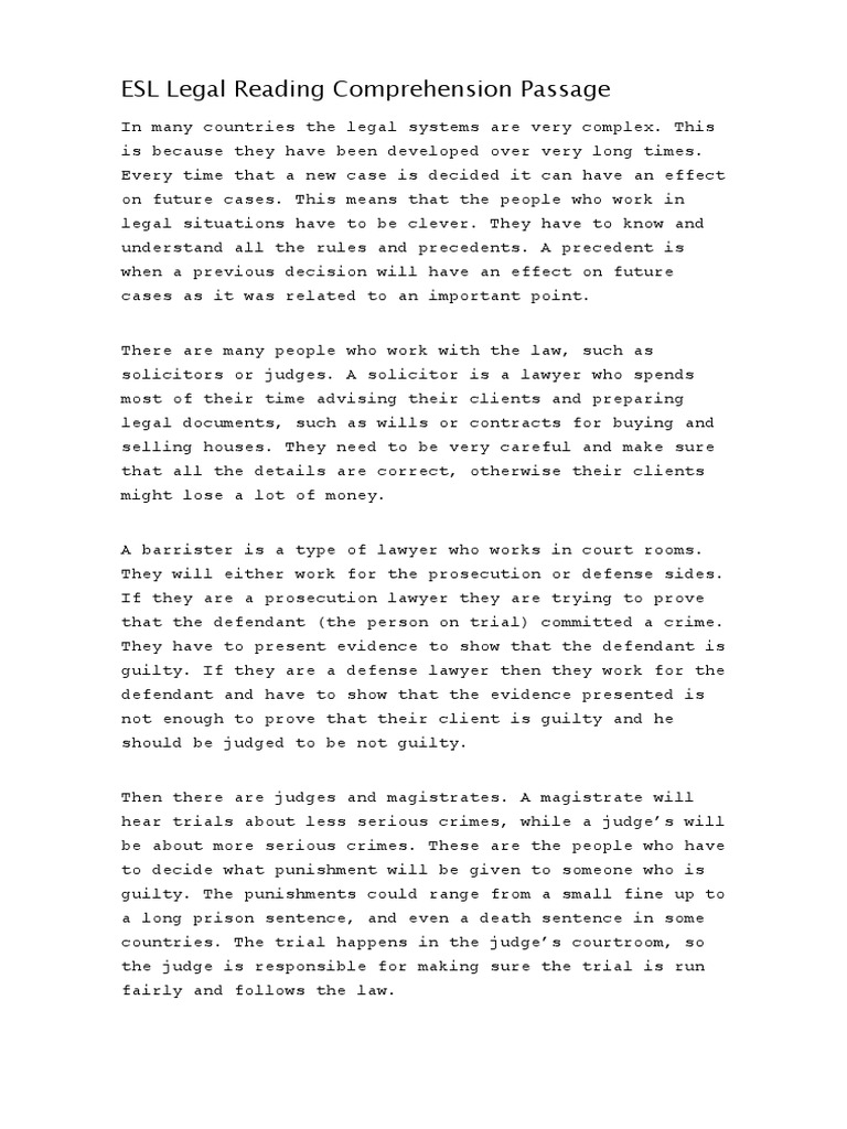 ESL Legal Reading Comprehension Passage | PDF | Lawyer | Judge