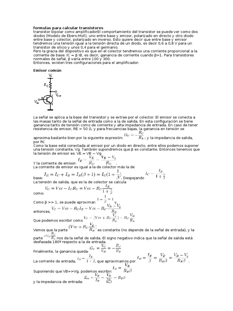 Formulas para Calcular Transistores | PDF | Transistor | Transistor de ...