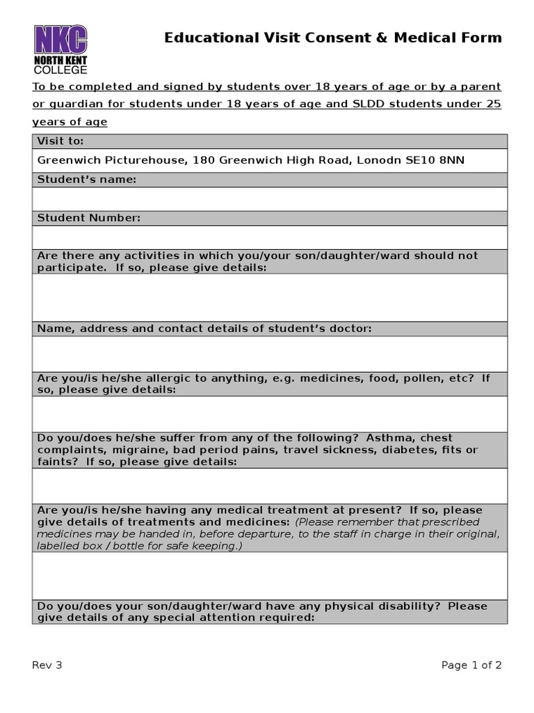 Educational Visits Consent Form Greenwich | PDF | Medicine | Medical Specialties