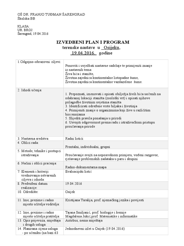 OBRAZAC Izvedbeni Plan I Program Terenske Nastave | PDF