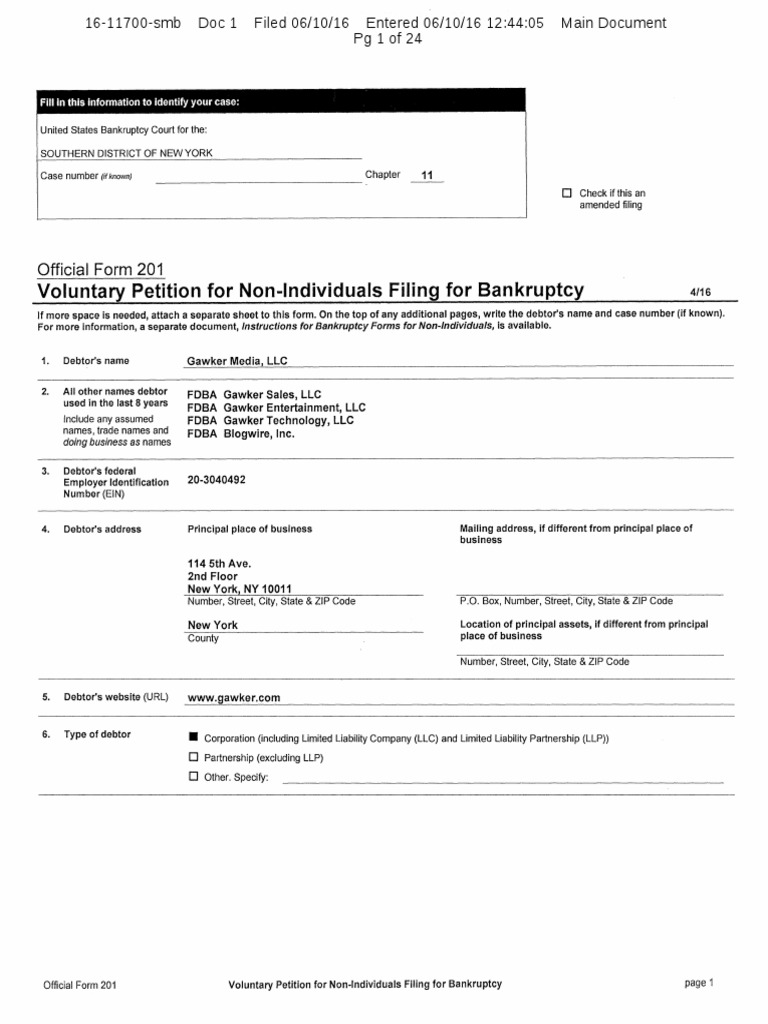 Gawker's Bankruptcy Petition | PDF | Chapter 11 | Bankruptcy