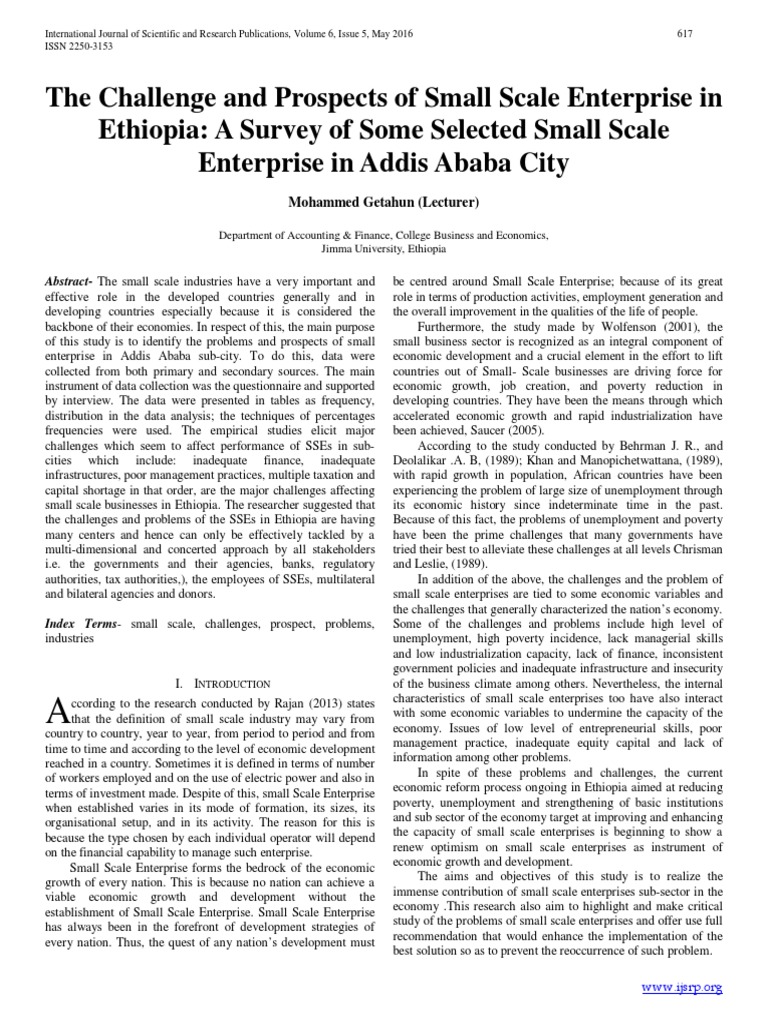 The Challenge and Prospects of Small Scale Enterprise in Ethiopia: A ...