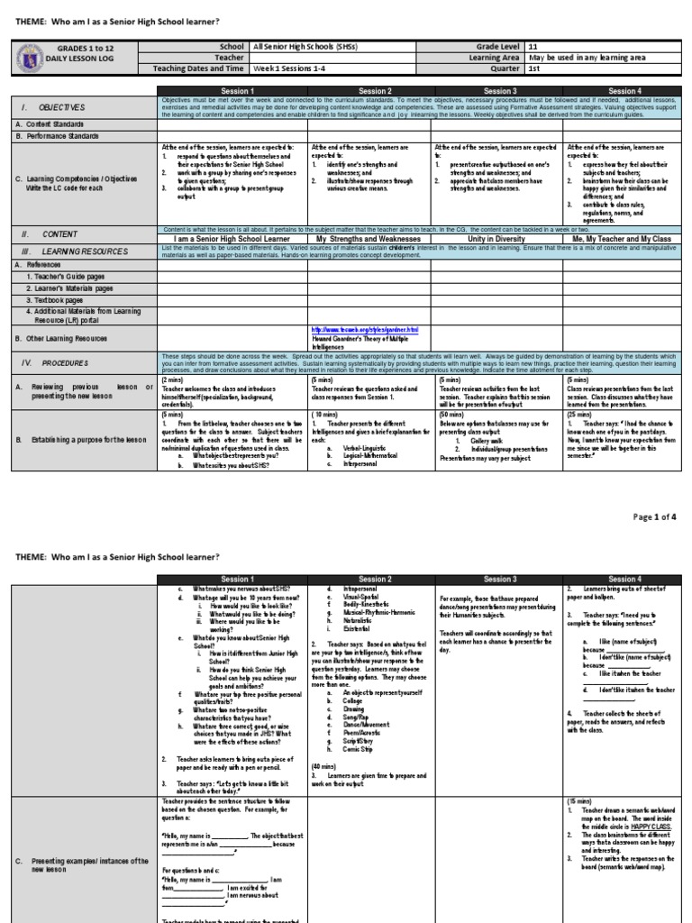 SUGGESTED SHS DLL Week 1 (FROM DEPED) | PDF | Learning | Applied Psychology