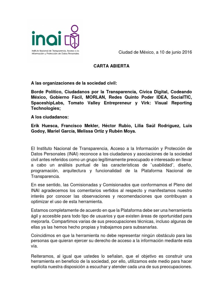 Respuesta del INAI a la carta abierta al INAI sobre la Plataforma ...