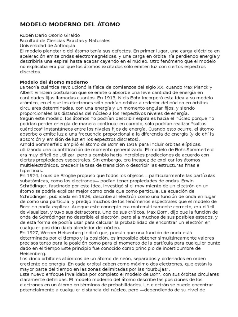 Modelo Moderno Del Átomo | PDF | Átomos | Electrón
