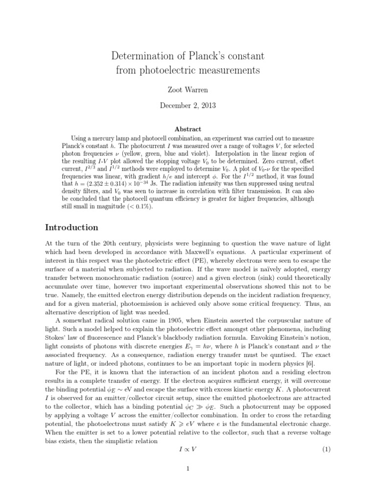 Determination of Plancks Constant From P PDF | PDF | Photoelectric Effect | Photon