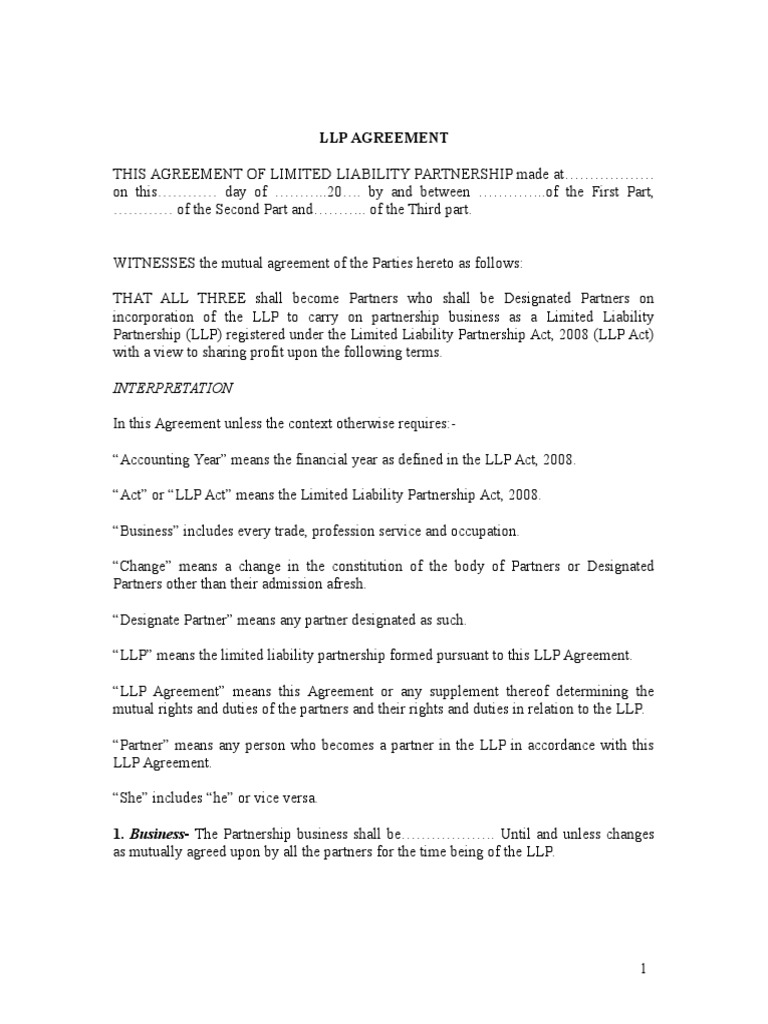 Draft of LLP Agreement | PDF | Limited Liability Partnership | Law